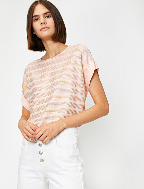 Koton Kadın Kısa Kollu Simli Çizgili Tişört