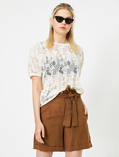 Koton Kadın Bisiklet Yaka Kısa Kollu Dantel Detaylı Tişört