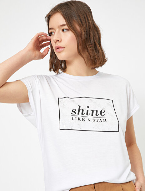 Koton Kadın Slogan Baskılı Geniş Kalıp Bisiklet Yaka Tişört