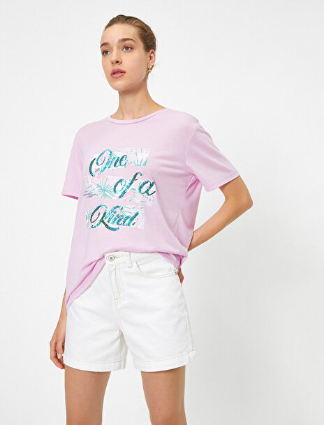 Koton Kadın Kısa Kollu Bisiklet Yaka Pullu Yazılı Tişört