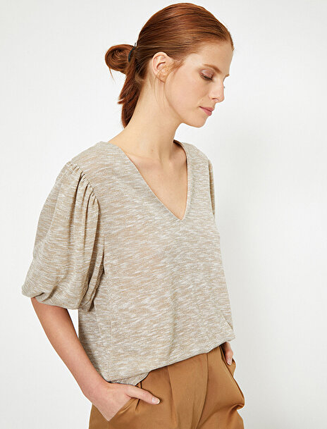 Koton Kadın V Yaka Büzgülü Tişört