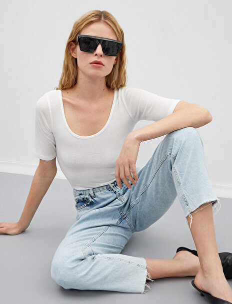 Koton Kadın Oyuk Yaka 3/4 Kollu Ribana Tişört