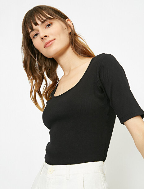 Koton Kadın Oyuk Yaka 3/4 Kollu Ribana Tişört