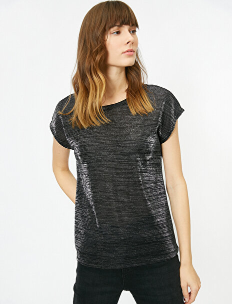 Koton Kadın Parlak Çizgili Kısa Kollu Tişört