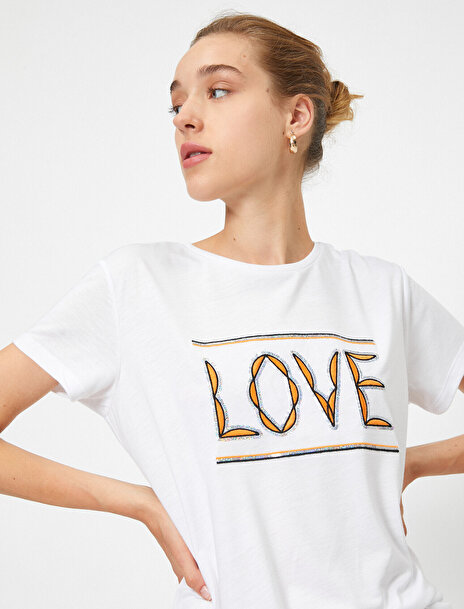 Koton Kadın Bisiklet Yaka Kusa Kollu Pullu Tişört