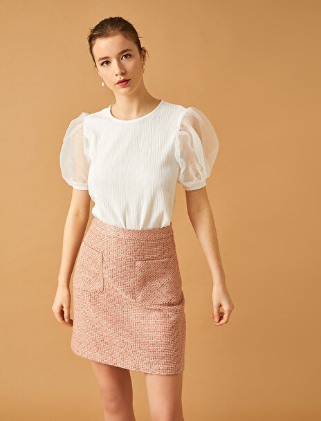 Koton Kadın Balon Kollu Dokulu Tshirt