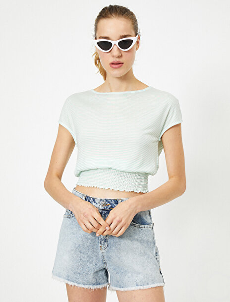 Koton Kadın Bisiklet Yaka Kısa Kollu Büzgülü Antibakteriyel Tişört