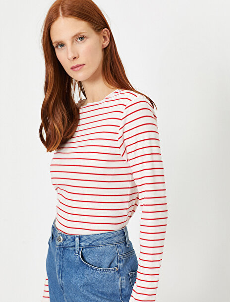 Koton Kadın Çizgili Uzun Kollu Standart Kesim Tişört
