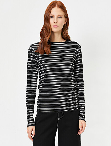 Koton Kadın Çizgili Uzun Kollu Standart Kesim Tişört