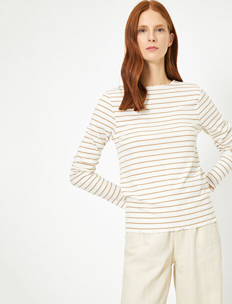 Koton Kadın Çizgili Uzun Kollu Standart Kesim Tişört