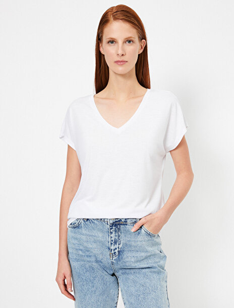 Koton Kadın V Yaka Rahat Kalıp Basic Tişört