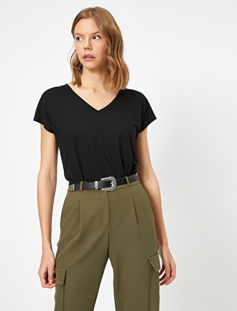 Koton Kadın V Yaka Rahat Kalıp Basic Tişört