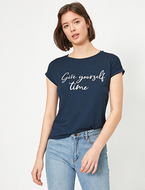 Koton Kadın Yazı Baskılı Bisiklet Yaka Kısa Kollu Tişört