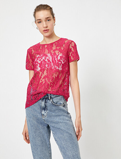 Koton Kadın Bisiklet Yaka Kısa Kollu Dantel Detaylı Tişört