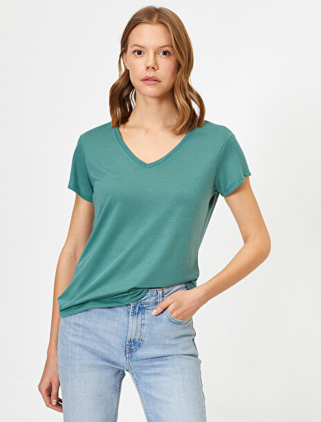 Koton Kadın V Yaka Rahat Kalıp Basic Tişört