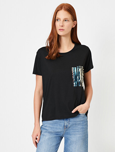 Koton Kadın Pul Payet Cepli Bisiklet Yaka Tişört