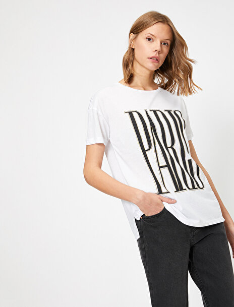 Koton Kadın Slogan Baskılı Geniş Kalıp Bisiklet Yaka Tişört