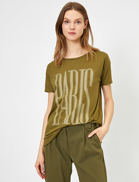 Koton Kadın Slogan Baskılı Geniş Kalıp Bisiklet Yaka Tişört