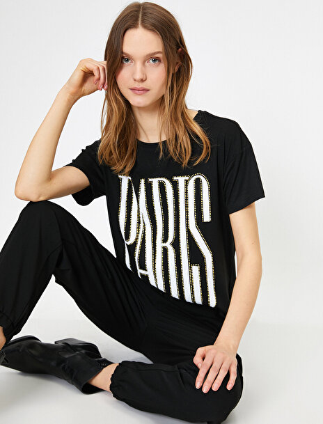 Koton Kadın Slogan Baskılı Geniş Kalıp Bisiklet Yaka Tişört