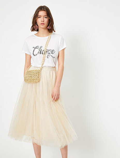 Koton Kadın İnci Detaylı Baskılı Bisiklet Yaka Tişört