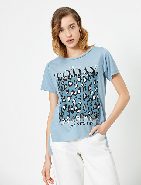 Koton Kadın Bisiklet Yaka Kısa Kollu Yazılı Baskılı Tişört