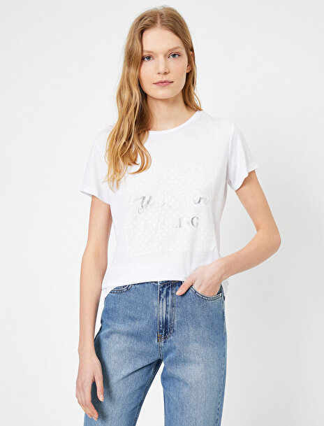 Koton Kadın Yazı Baskılı Bisiklet Yaka Tişört