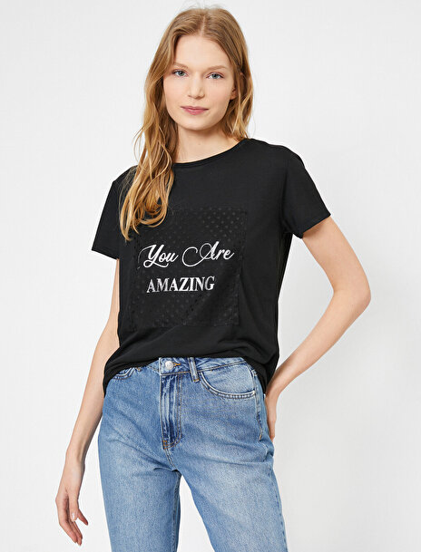 Koton Kadın Yazı Baskılı Bisiklet Yaka Tişört