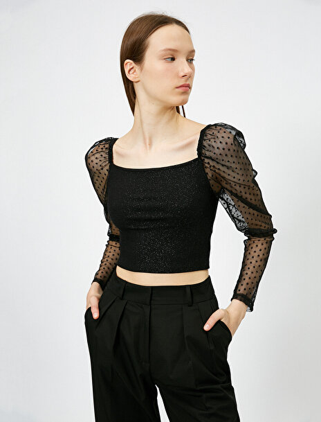 Koton Kadın Parlak Kumaş Tül Detaylı Uzun Kollu Bluz