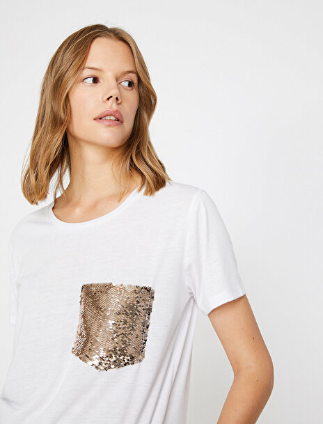 Koton Kadın Pul Payet Cep Detaylı Standart Kalıp Bisiklet Tişört