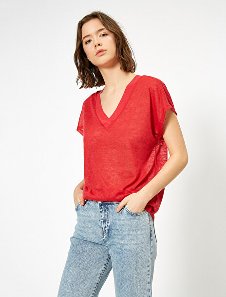 Koton Kadın Keten Görünümlü V Yaka Tişört
