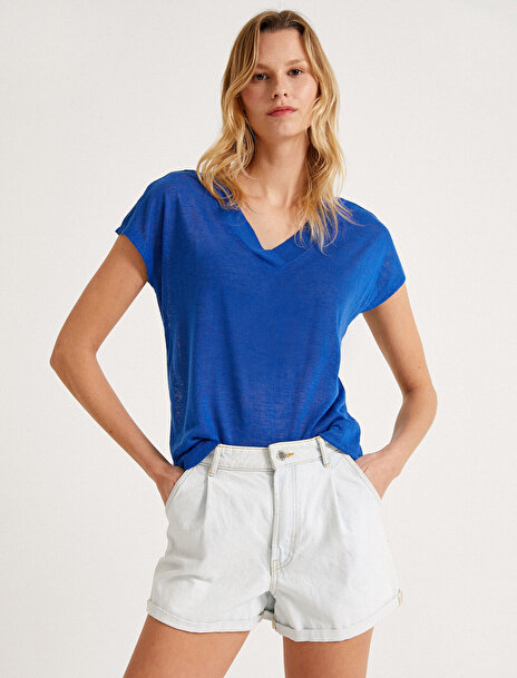 Koton Kadın Keten Görünümlü V Yaka Tişört