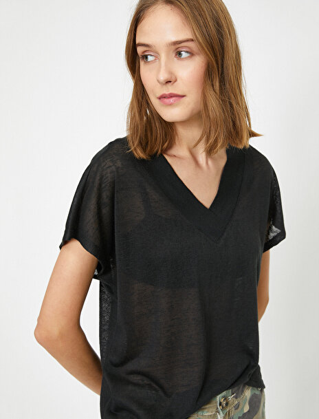 Koton Kadın Keten Görünümlü V Yaka Tişört