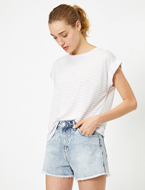 Koton Kadın Bisiklet Yaka Kısa Kollu Çizgili Antibakteriyel Tişört