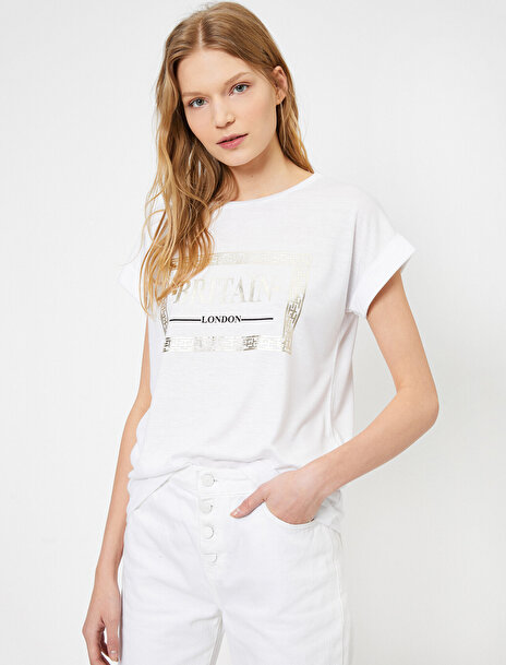 Koton Kadın Yazı Baskılı Bisiklet Yaka Tişört