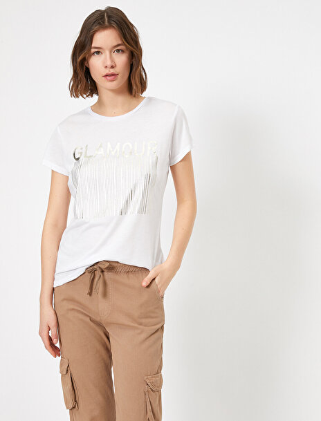 Koton Kadın Slogan Baskılı Standart Kalıp Bisiklet Yaka Tişört