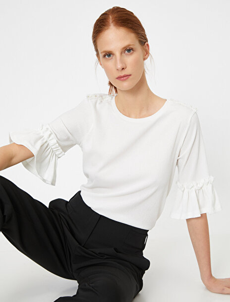 Koton Kadın Volan Kollu Bisiklet Yaka 3/4 Kol Tişört