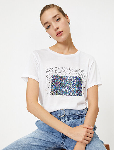 Koton Kadın Bisiklet Yaka Pullu Kısa Kollu T-Shirt