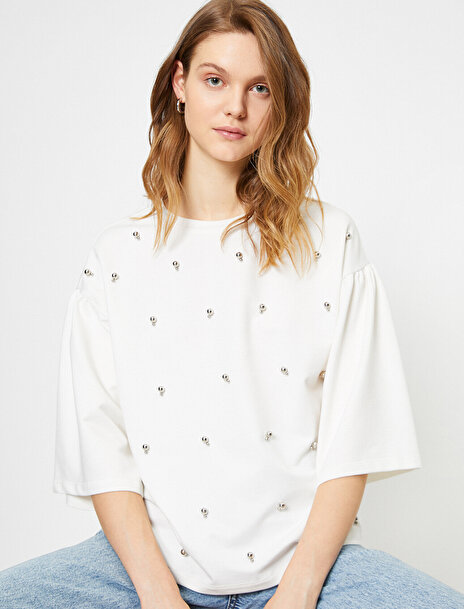 Koton Kadın Bisiklet Yaka Boncuk İşlemeli Sweatshirt