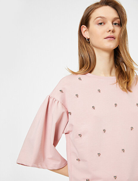 Koton Kadın Bisiklet Yaka Boncuk İşlemeli Sweatshirt