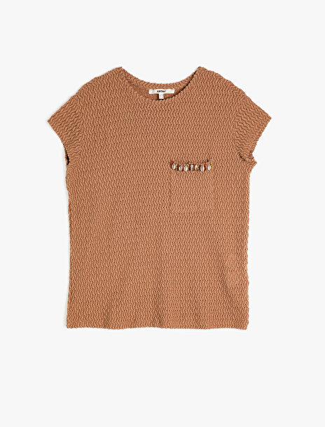 Koton Kadın Bisiklet Yaka Kısa Kollu İşlemeli Cepli Tişört