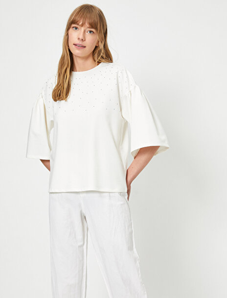 Koton Kadın Bisiklet Yaka Boncuk İşlemeli Sweatshirt