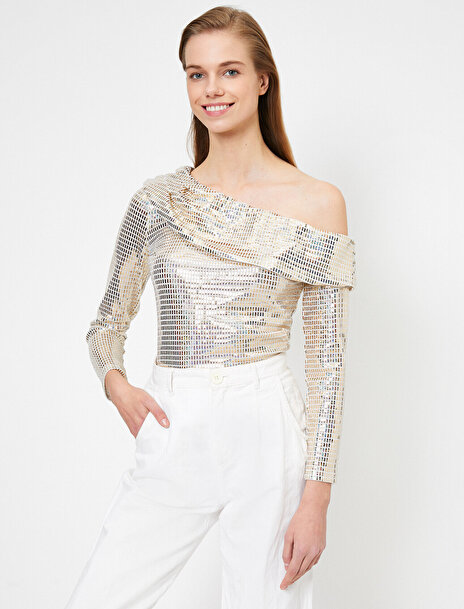 Koton Kadın Payetli Düşük Omuz Uzun Kollu Bluz