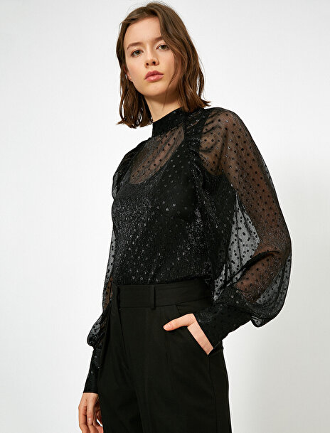 Koton Kadın Tül Puantiyeli Fırfırlı Dik Yaka Uzun Kollu Bluz