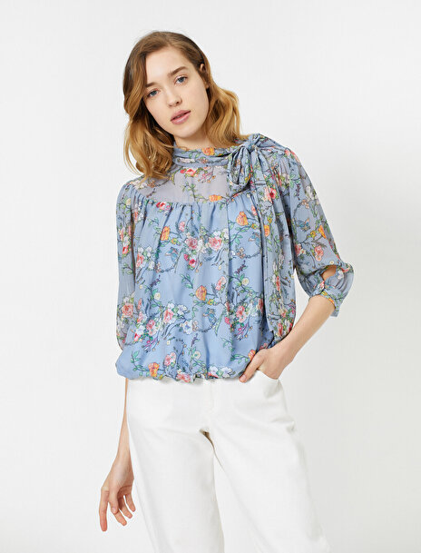 Koton Kadın Fular Yaka Uzun Kollu Desenli Bluz