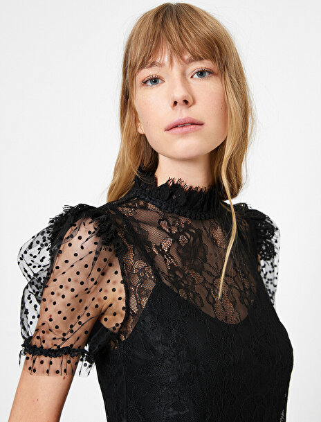 Koton Kadın Dantel Tül Karpuz Kollu Dik Yaka Bluz