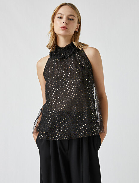 Koton Kadın Volanlı Dik Yaka Detaylı Tül Bluz