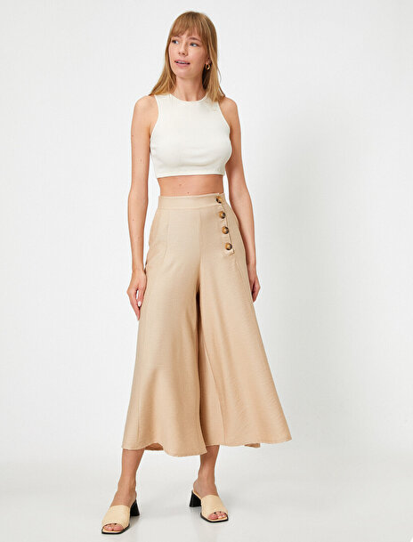 Koton Kadın Geniş Paça Düğmeli Crop Pantolon