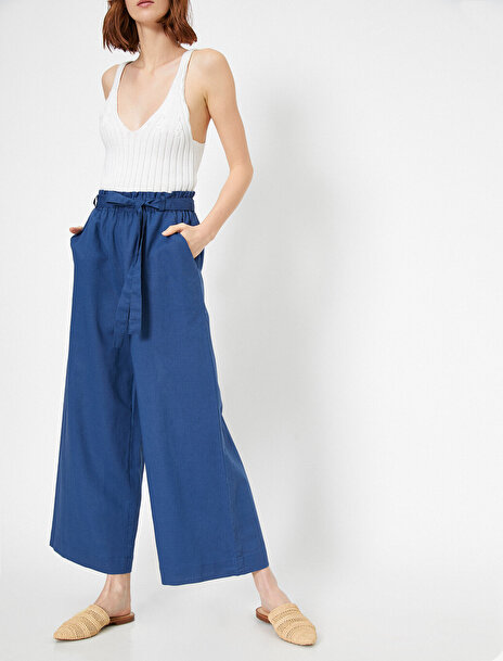 Koton Kadın Beli Bağlamalı Doğal Dokulu Geniş Kesim Pantolon