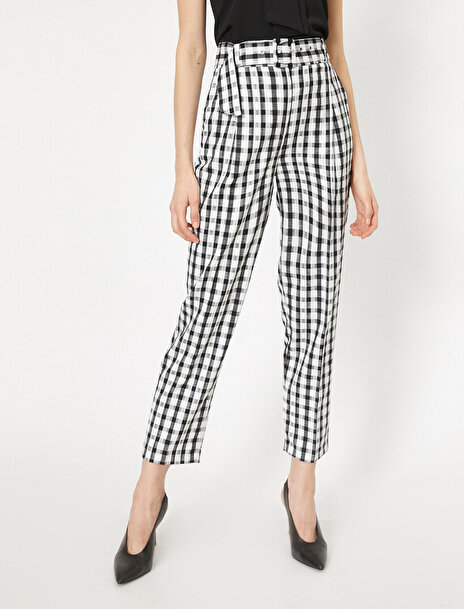 Koton Kadın Yüksek Bel Ekose Desenli Straight Fit Pantolon
