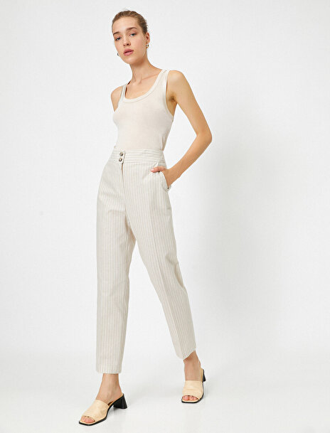 Koton Kadın Keten Karışımlı Havuç Kesim Yüksek Bel Pantolon